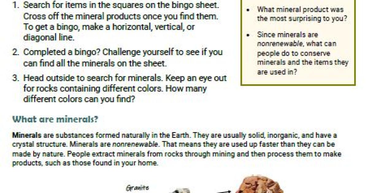Minerals BINGO Activity | Bureau of Land Management