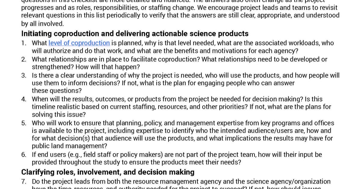 Tool 5 - A Problem-Solving Checklist for Coproduction | Bureau of Land ...